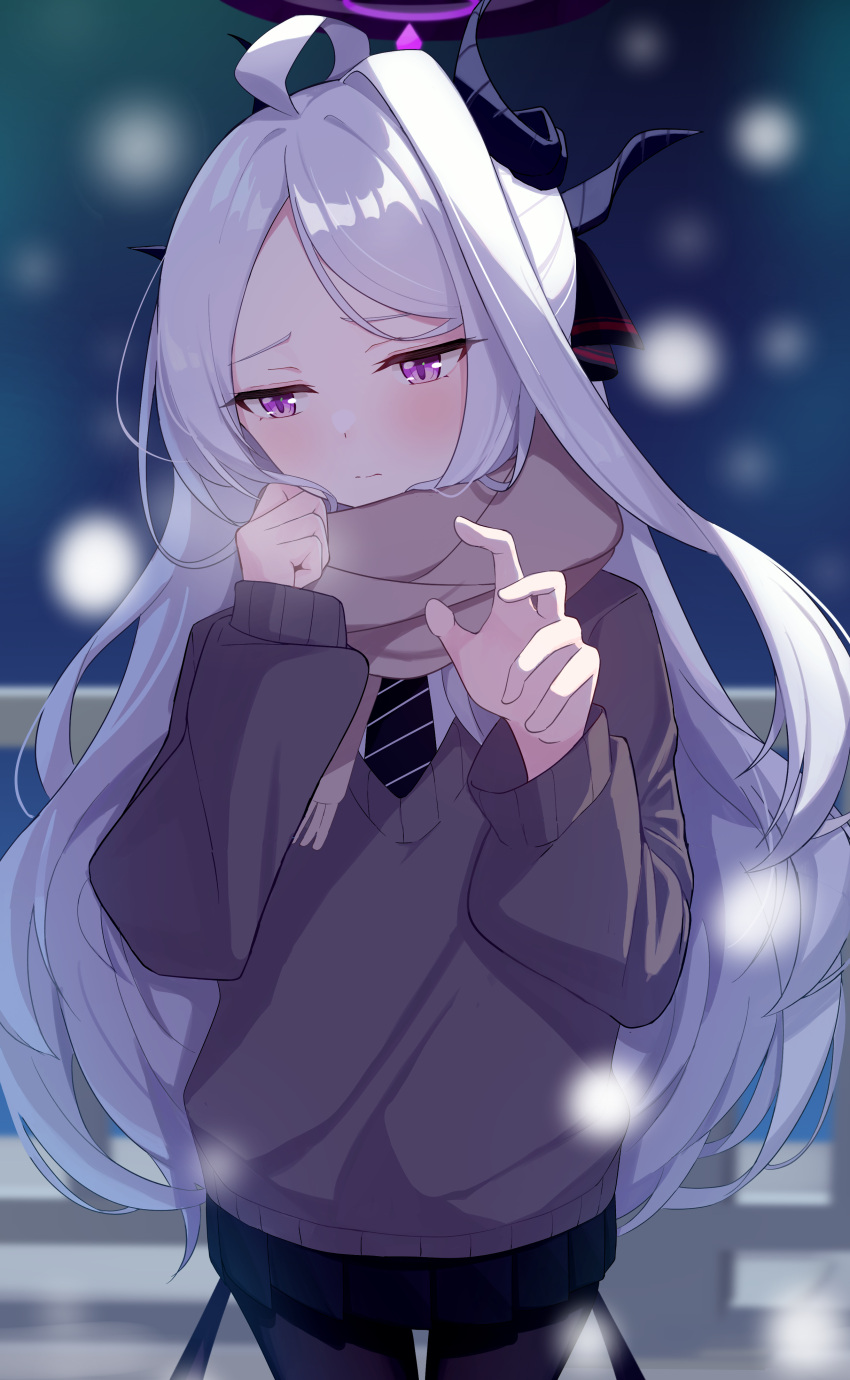 Safebooru - 1girl absurdres ahoge black halo black horns black necktie black sweater vest blue ...