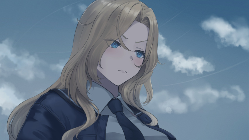 Safebooru - 1girl black jacket black necktie blonde hair blue eyes blue sky blush breasts closed ...
