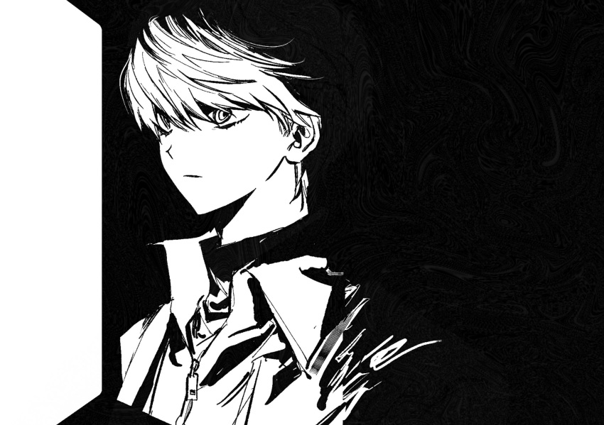 Safebooru - 1boy closed mouth expressionless goguma wagamja greyscale ...
