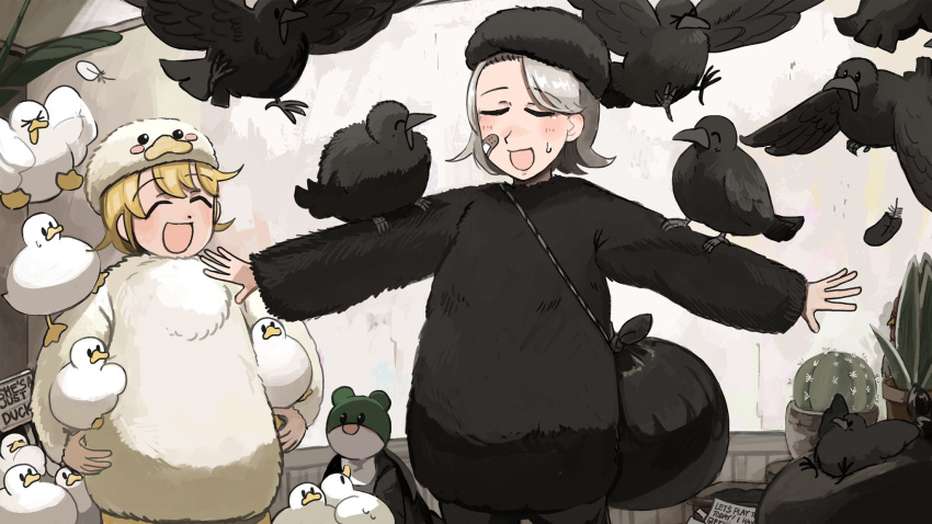 Safebooru - 2girls :d bandaid bandaid on face bird black hat blonde ...