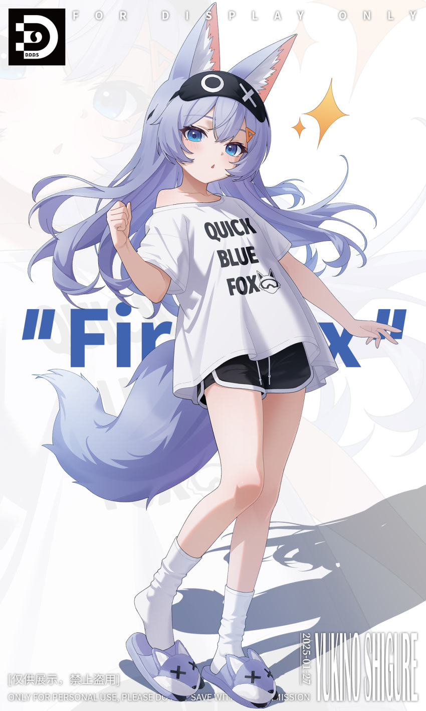 Safebooru - 1girl absurdres animal ears animal slippers black shorts blue eyes blue hair dinyc ...