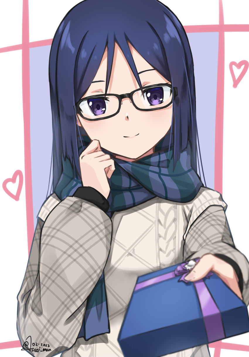 Safebooru - 1girl absurdres alice gear aegis black-framed eyewear blue hair gift glasses heart ...