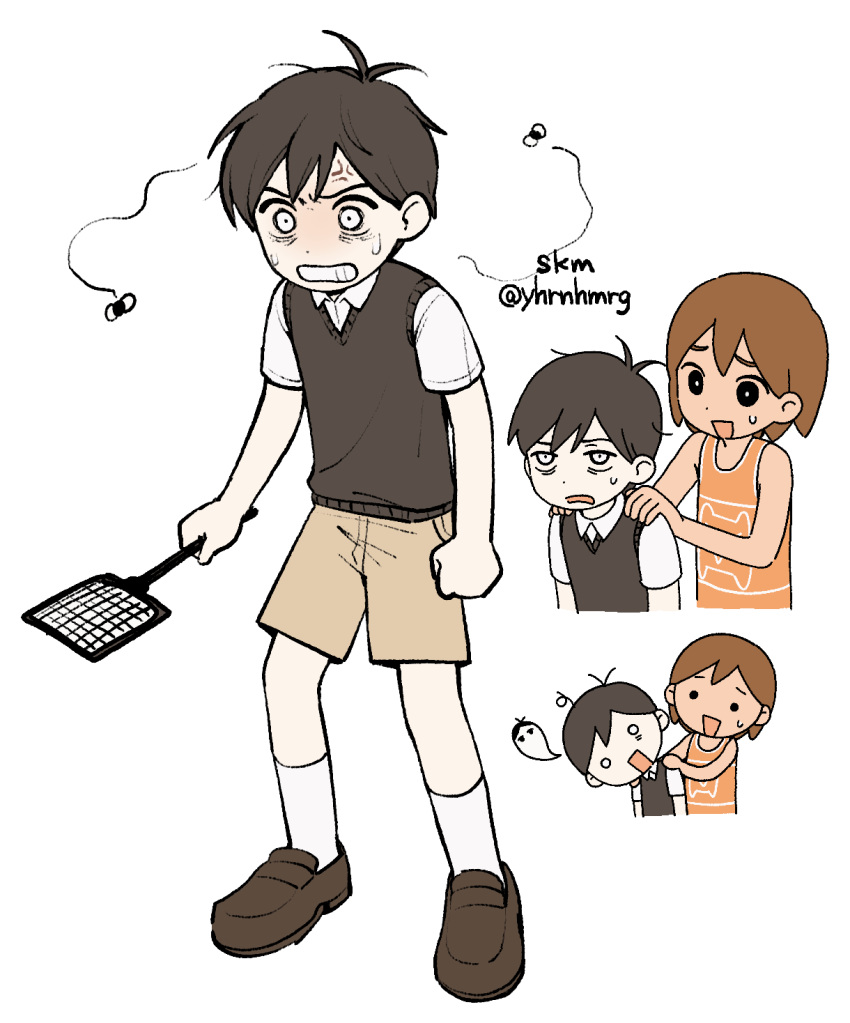 Safebooru - 2boys 4kkrbk anger vein antenna hair black eyes black hair black shoes black sweater ...