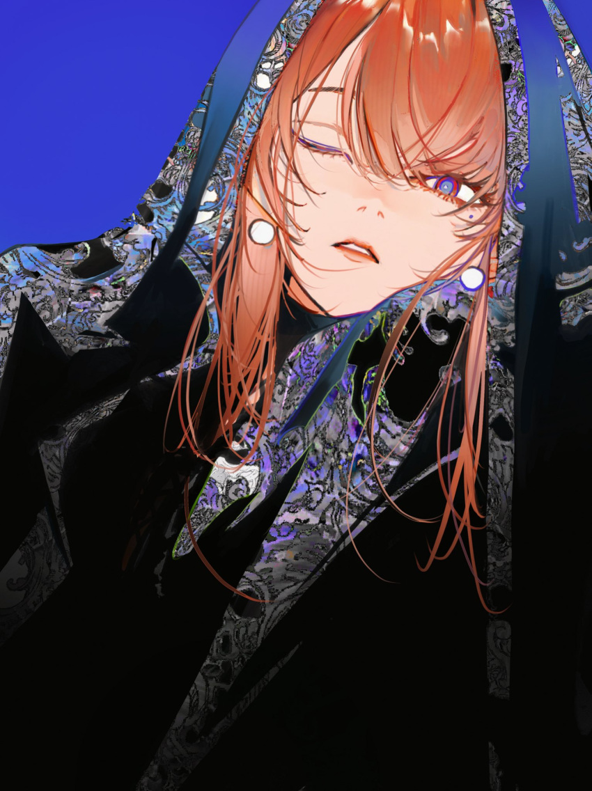 Safebooru - 1girl blue background blue eyes brown hair commentary earrings hair between eyes ...