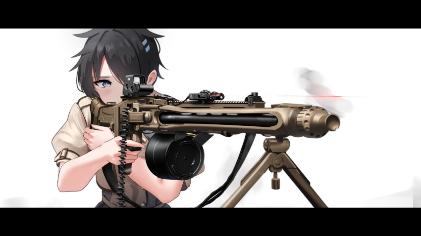 Safebooru - 1girl absurdres black hair blue eyes character request commission gun highres ...