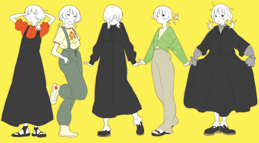 Safebooru - 1girl black dress brown pants dress full body green overalls green shirt highres ...