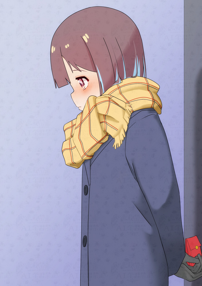 Safebooru - 1girl absurdres black gloves blue coat blue hair blush brown hair buttons coat ...