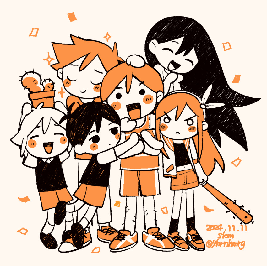 Safebooru - 2girls 4boys 4kkrbk arms up artist name aubrey (faraway ...