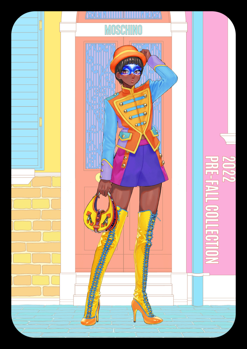 Safebooru - 1girl absurdres arm up bag black border black hair border dark-skinned female dark ...