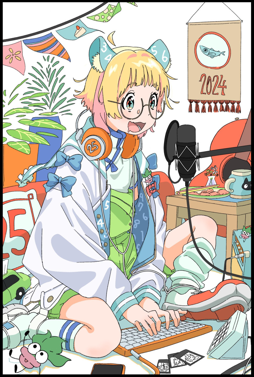 Safebooru - 1girl 2024 blonde hair computer keyboard flower pot glasses ...
