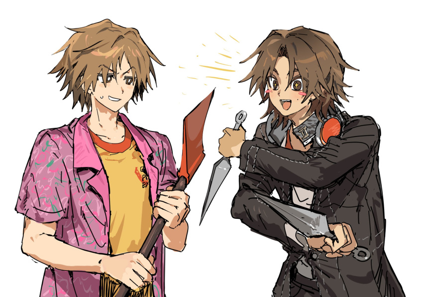 Safebooru - 2boys :d axe black jacket blush stickers brown hair ...