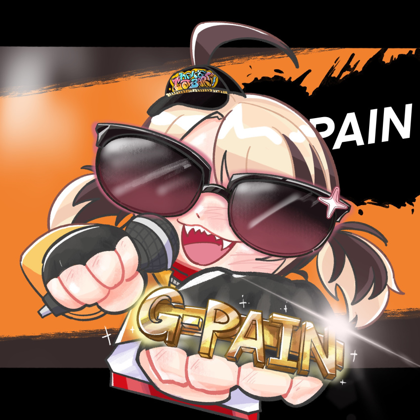 Safebooru - 1girl :3 ahoge baseball cap black gloves black hat blonde hair brass knuckles brown ...