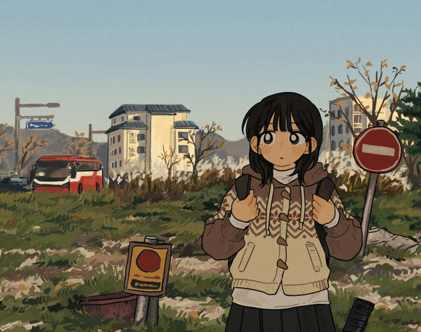 Safebooru - 1girl backpack bag black hair black skirt blue sky building bus closed mouth ...