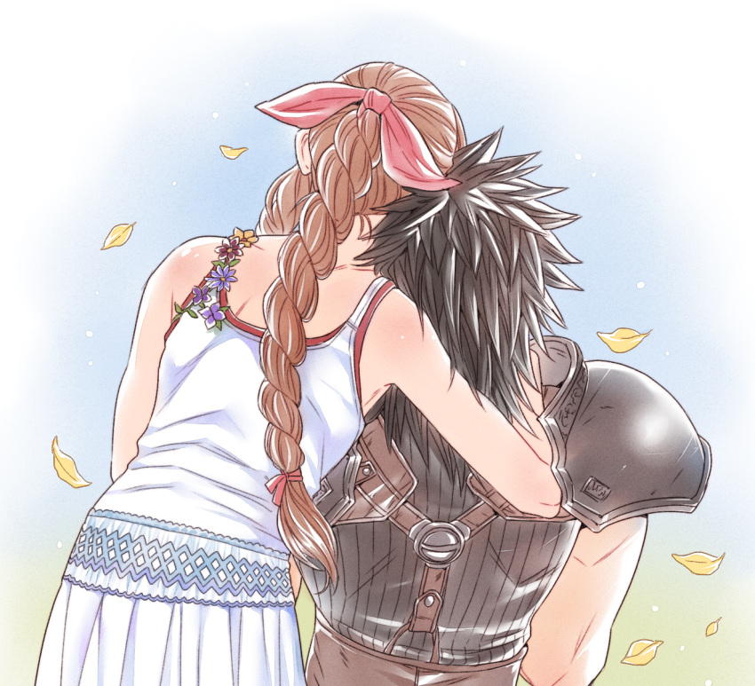 Safebooru - 1boy 1girl aerith gainsborough arm around neck armor bare shoulders black hair black ...