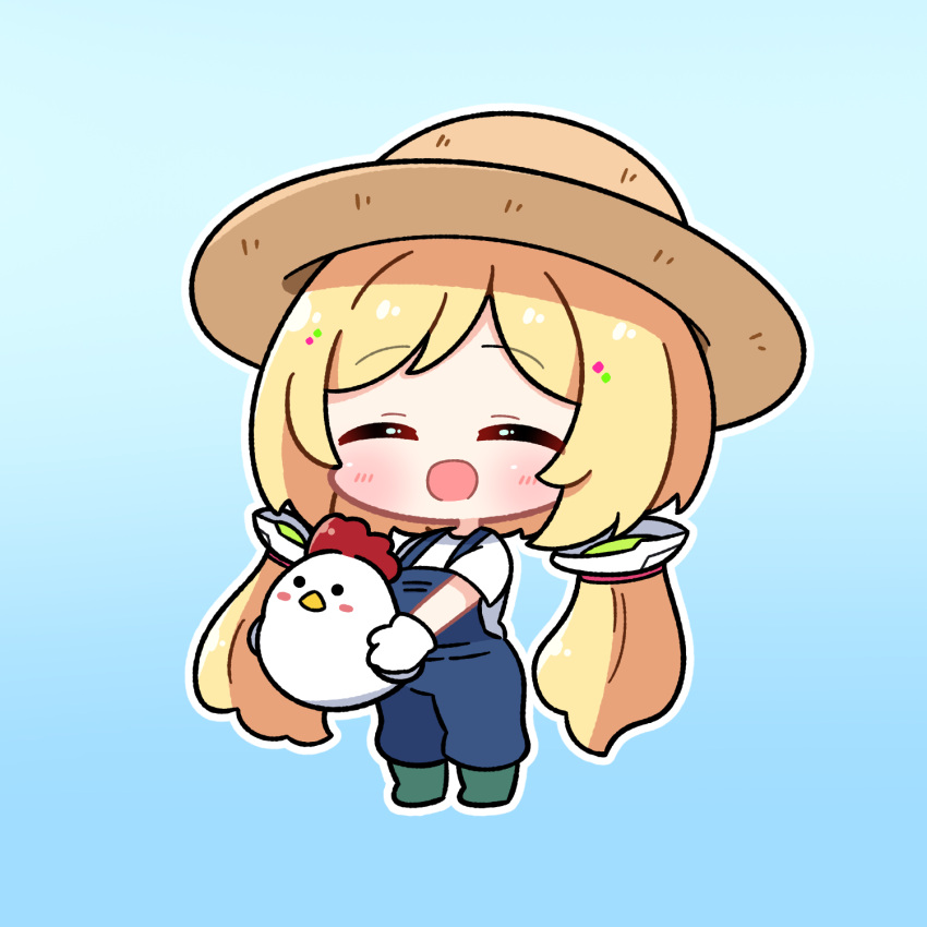 Safebooru - aki rosenthal animal bird blonde hair blue overalls boots ...