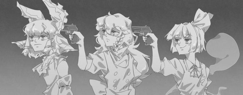 Safebooru - 3girls at gunpoint bow bowtie braid buttons closed mouth ...