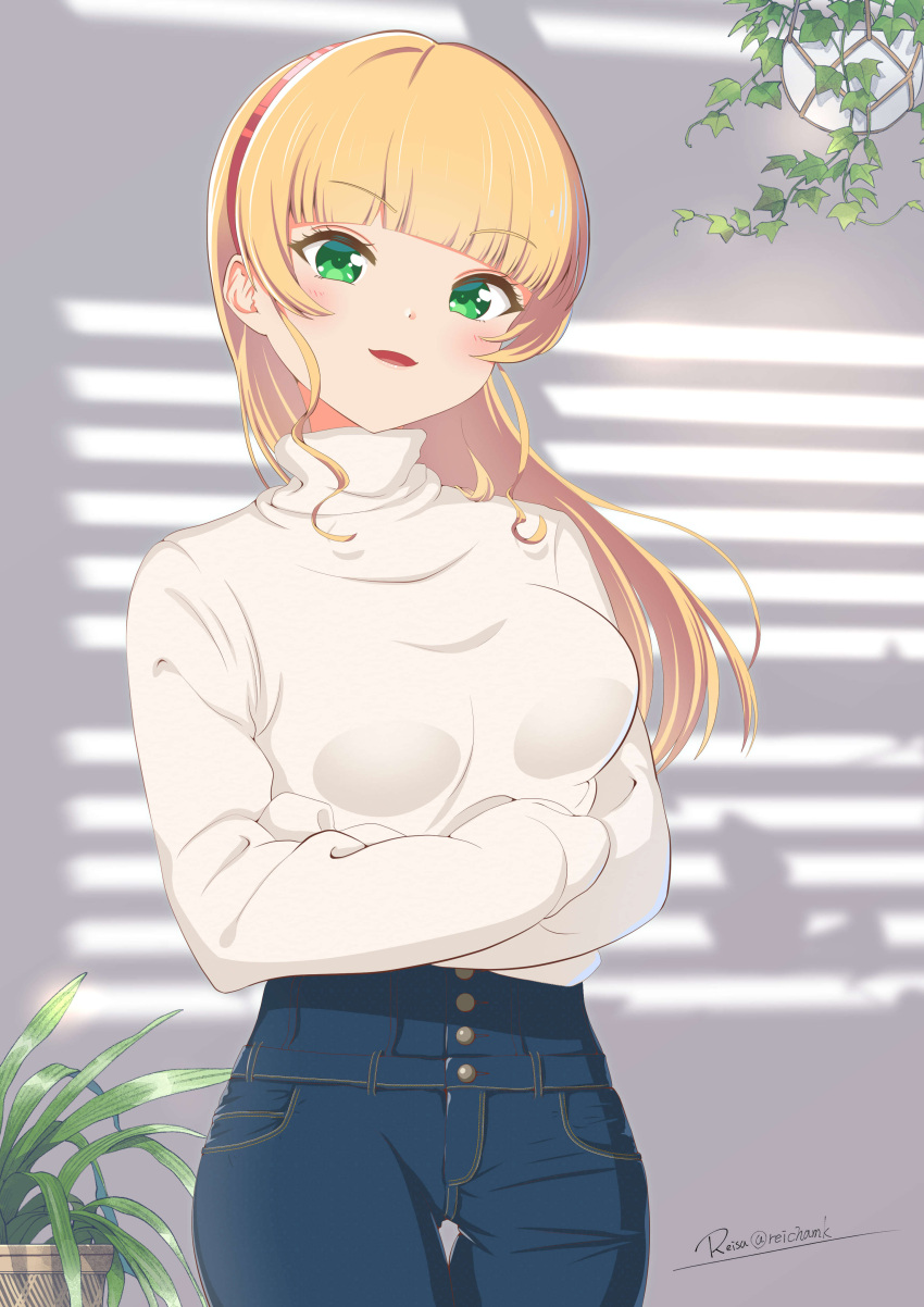 Safebooru - 1girl :d absurdres blonde hair blue pants blunt bangs blush commentary cowboy shot ...