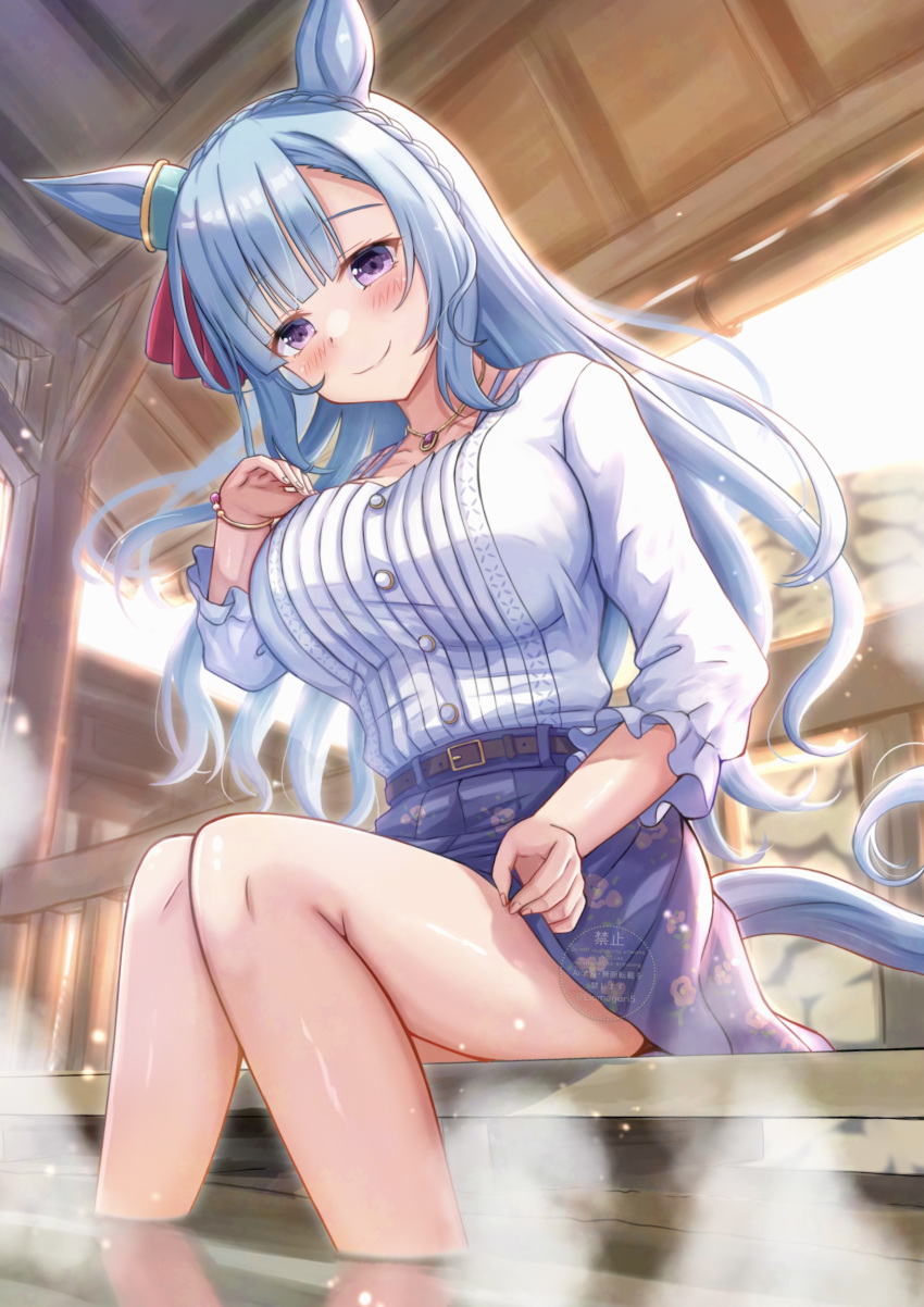 Safebooru - 1girl animal ears ashiyu belt blue hair blurry blurry background blush braid breasts ...