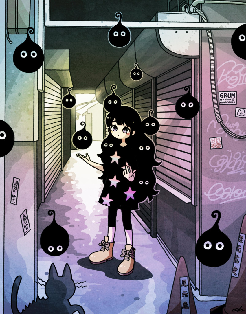 Safebooru - 1girl alley asymmetrical bangs black cat black eyes black hair black shirt black ...