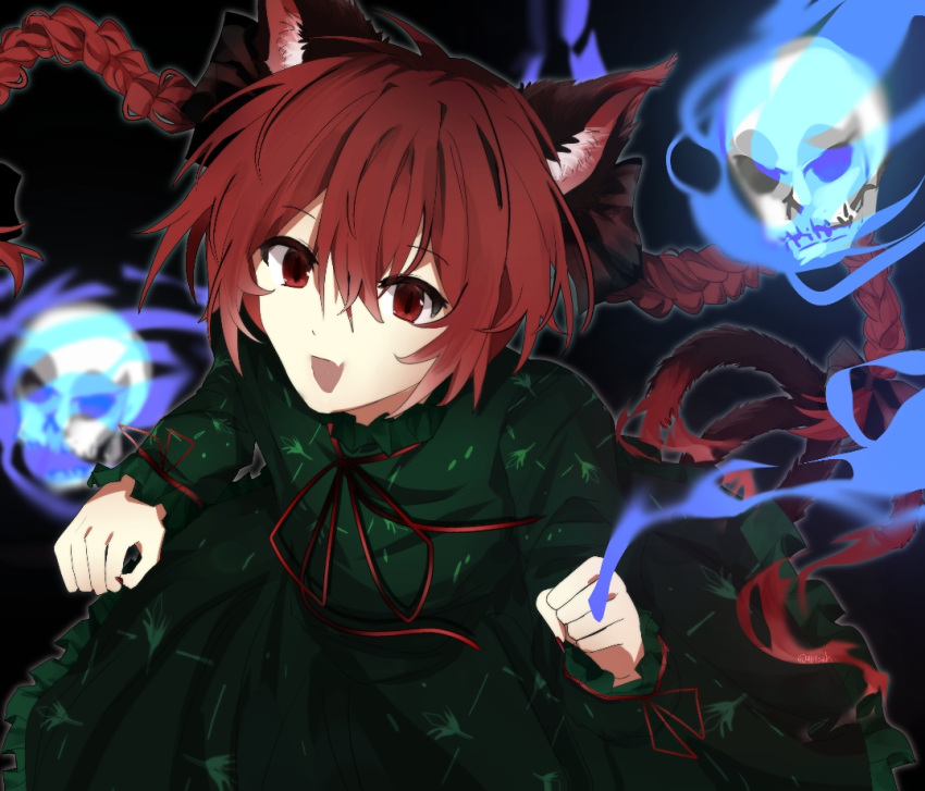 Safebooru - ag1shh braid cat ears dress floating skull kaenbyou rin red ...