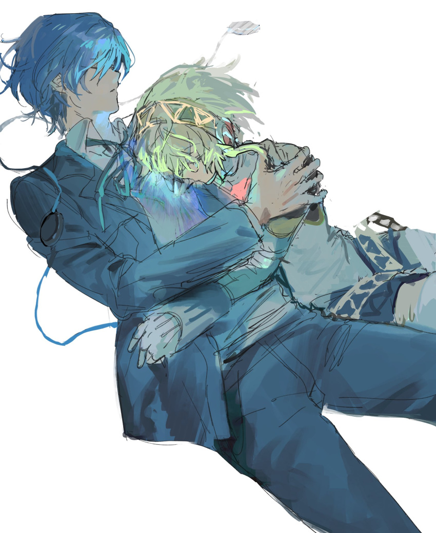 Safebooru - 1boy 1girl aigis (persona) blonde hair blue hair blue jacket blue pants closed eyes ...