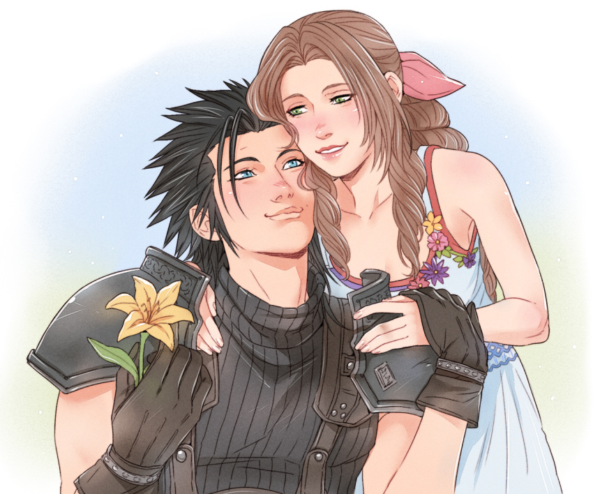 Safebooru - 1boy 1girl aerith gainsborough armor bare shoulders black gloves black hair black ...