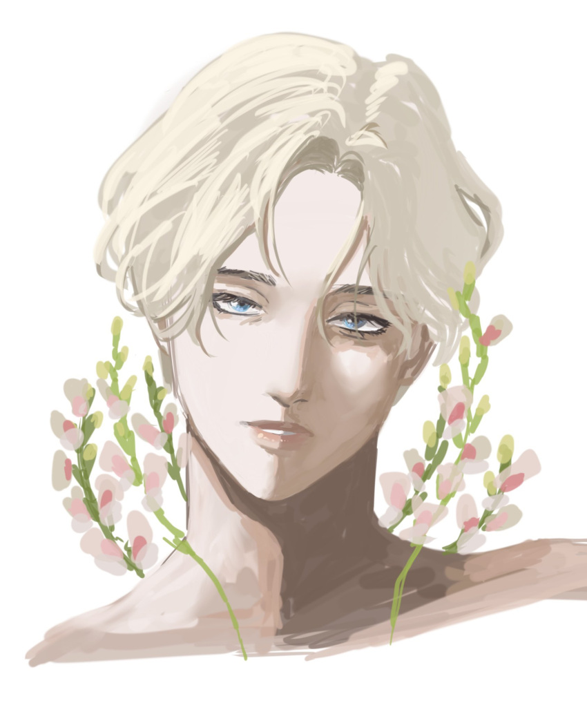 Safebooru - 1boy blonde hair blue eyes commentary eyelashes flower hashtag-only commentary ...