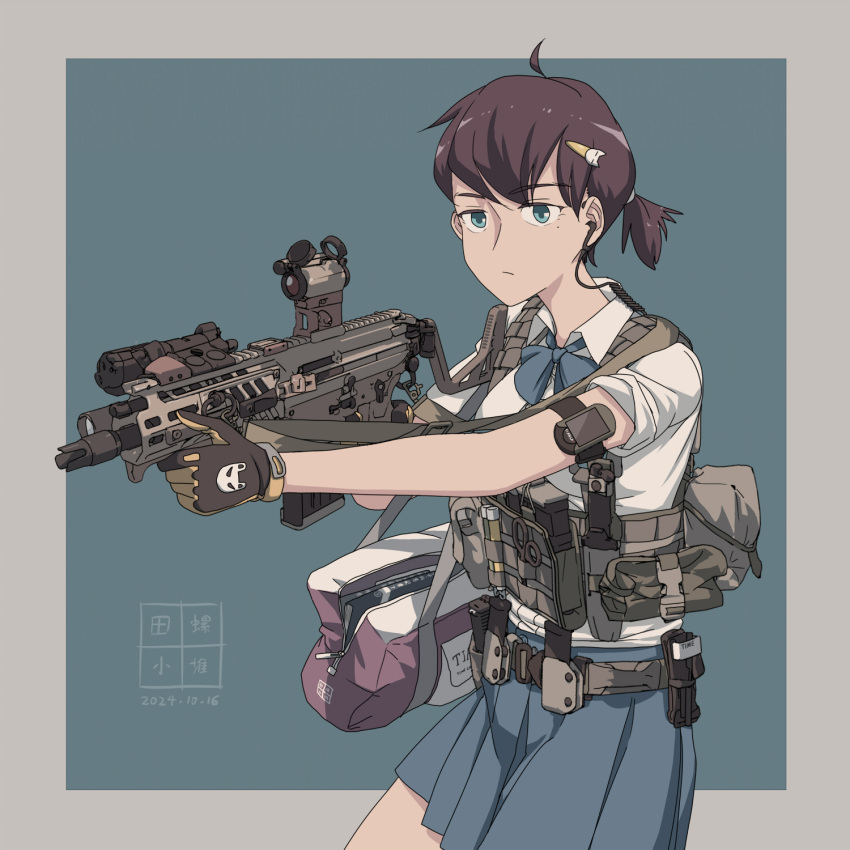 Safebooru - 1girl ahoge ammunition pouch bag belt blue eyes bow bowtie breasts brown hair ...