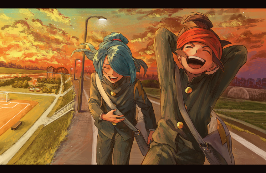 Safebooru - 2boys absurdres arms behind head arms up bag black border ...