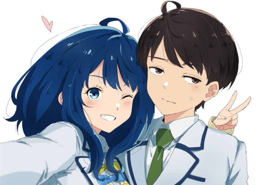 Safebooru - 1boy 1girl ;) ahoge arm around shoulder averting eyes black hair blazer blue bow ...