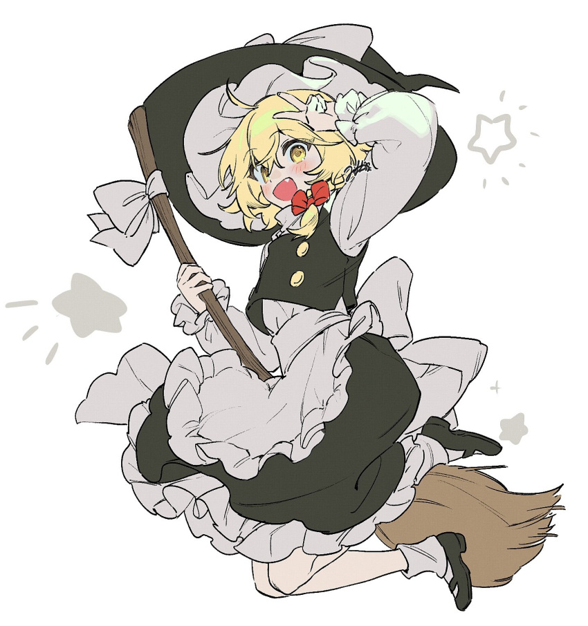 Safebooru - 1girl :d apron blonde hair blush bow braid broom broom riding fang hair bow hat hat ...