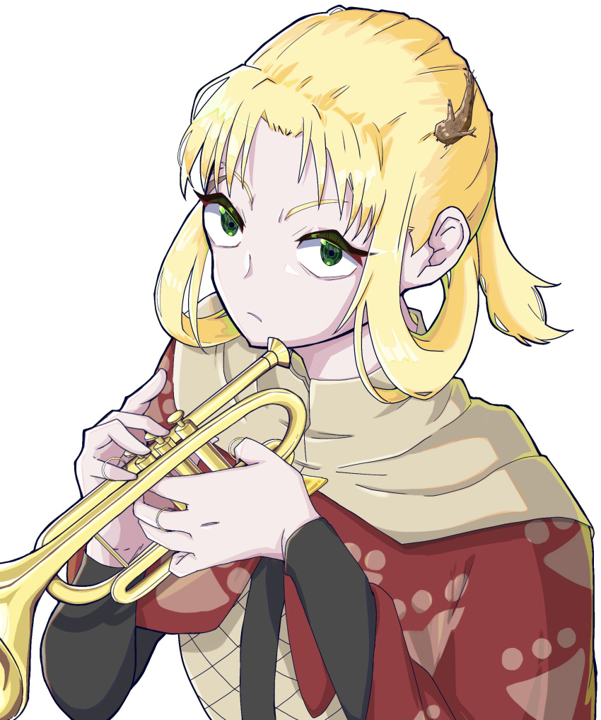 Safebooru - absurdres blonde hair brown horns cape frown green eyes ...