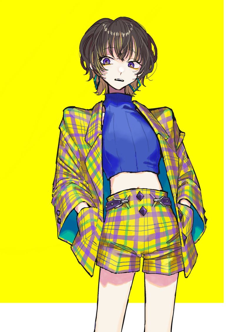 Safebooru - 1girl belt black hair blonde hair blue shirt colored inner hair crop top crossed ...