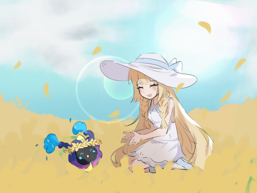 Safebooru - 1girl :d blonde hair braid closed eyes clouds collared dress commentary request ...