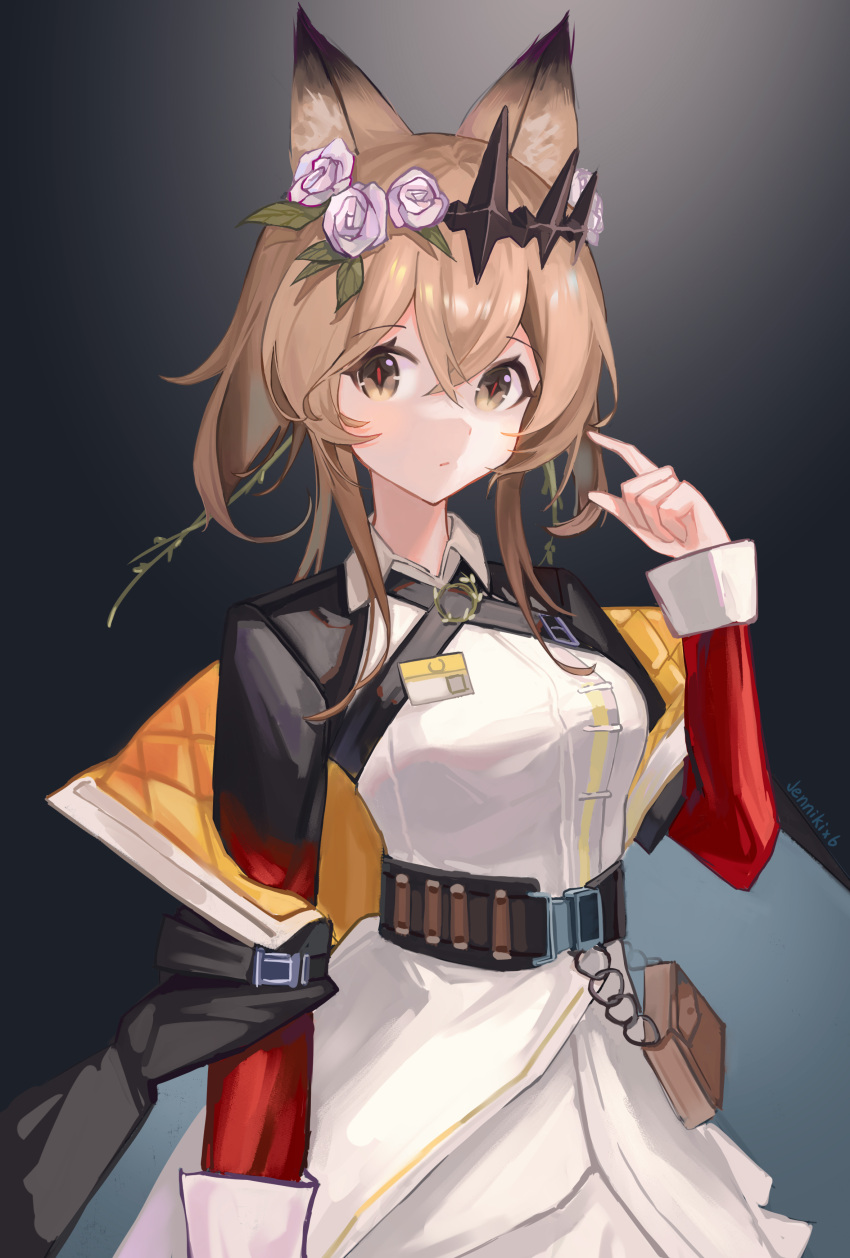 Safebooru - 1girl absurdres animal ears arknights belt black background black jacket brown eyes ...