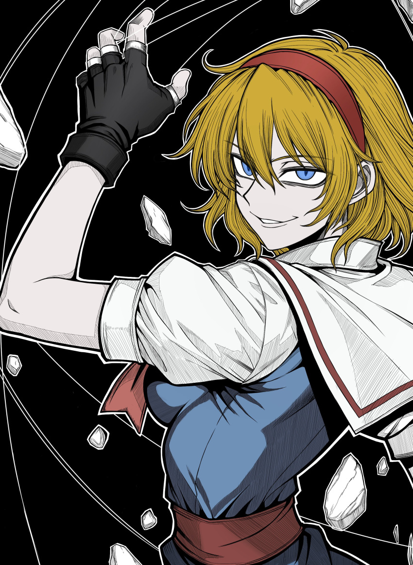 Safebooru - 1girl absurdres alice margatroid black background blonde hair blue dress blue eyes ...