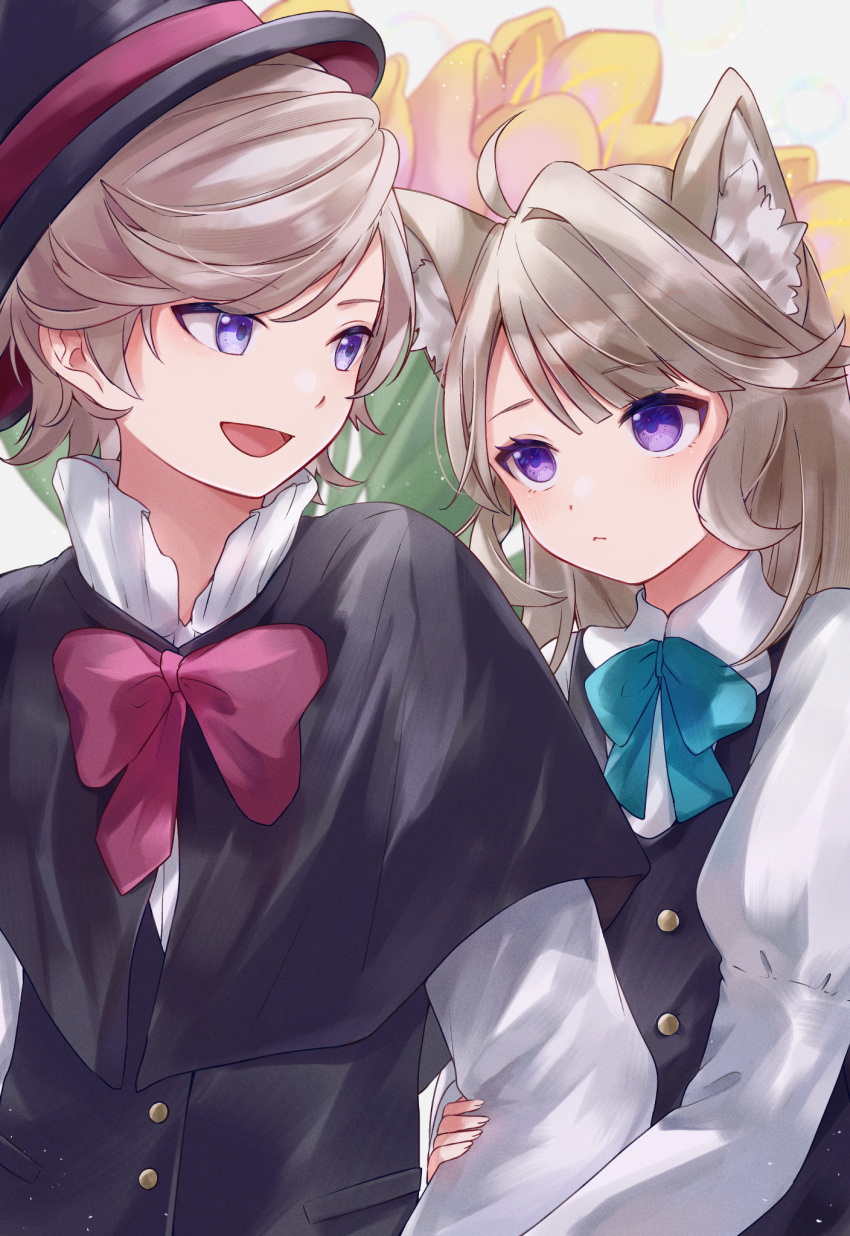 Safebooru - 1boy 1girl aged down animal ear fluff animal ears aqua bow aqua bowtie black cape ...