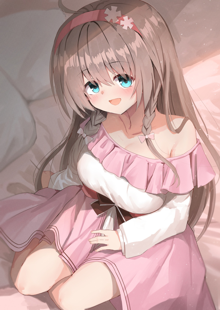 Safebooru - 1girl :d \||/ absurdres ahoge aqua eyes bare shoulders blush bow braid breasts brown ...