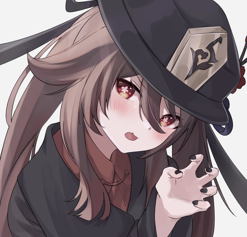 Safebooru - 1girl black hat black nails black shirt blush brown hair engasaki sakura flower ...