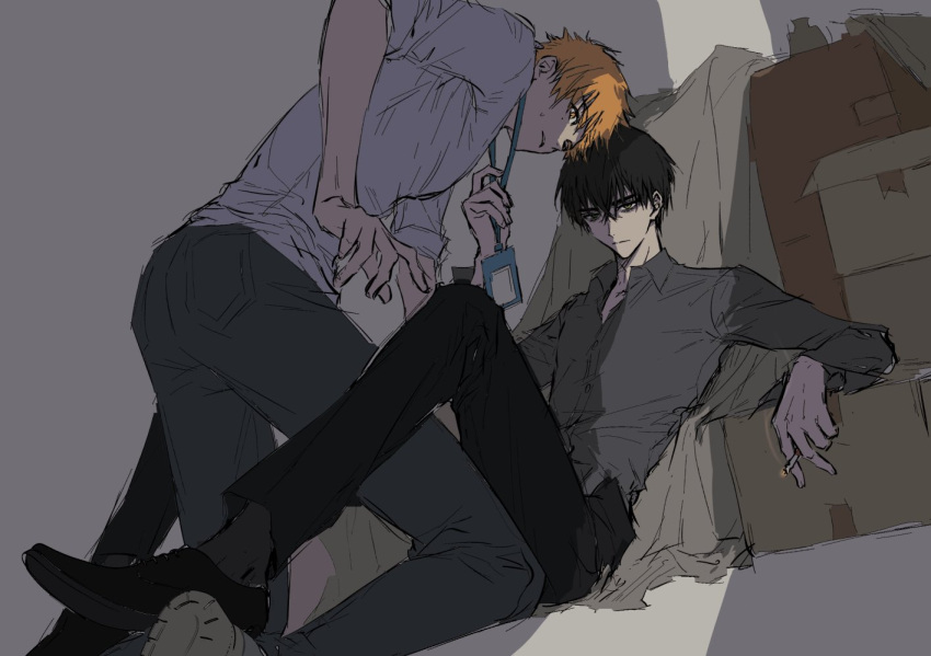 Safebooru - 2boys akeuraji tsukasa black hair black pants black shirt blonde hair medalist ...