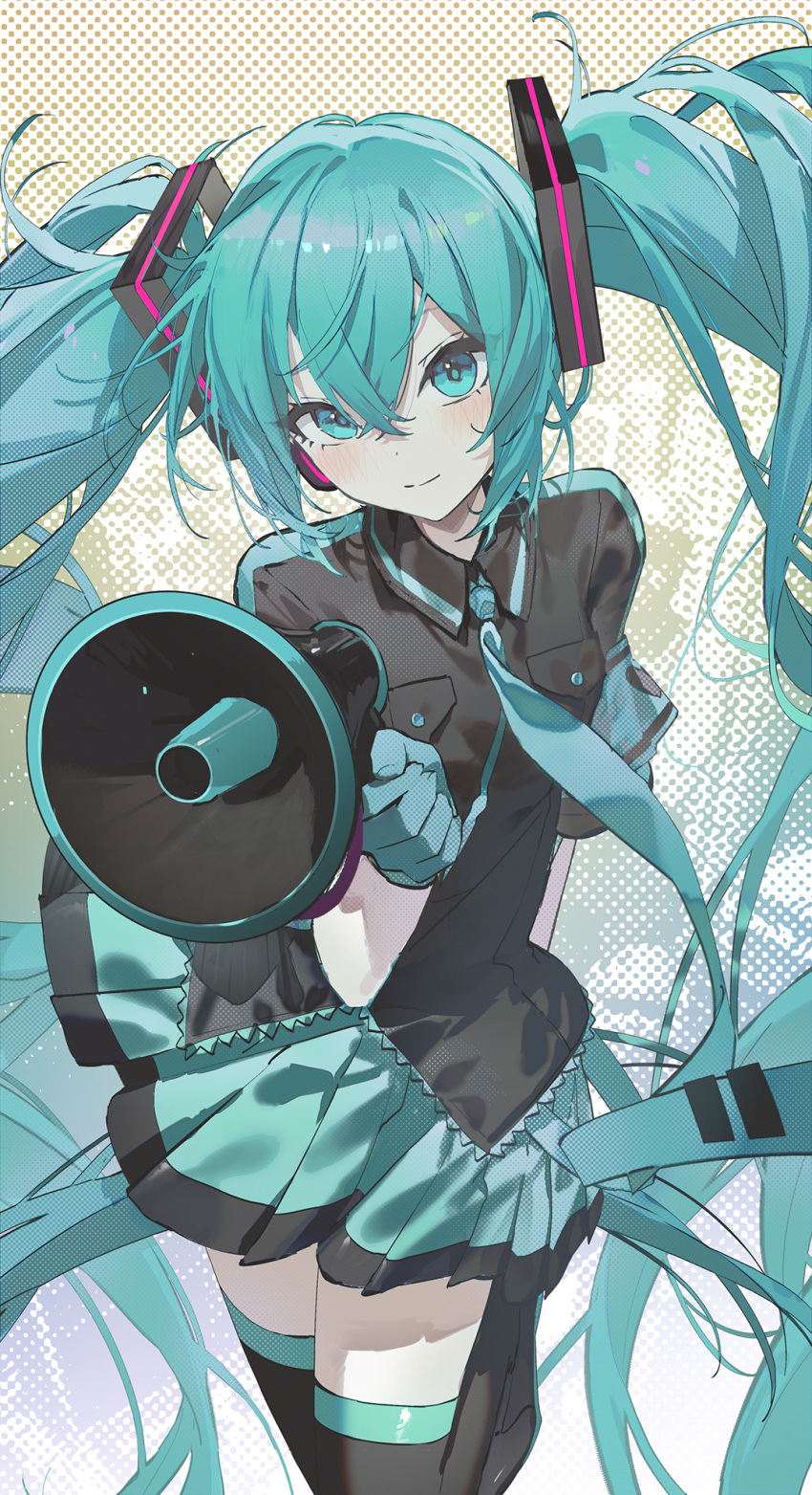 Safebooru - 1girl aqua eyes aqua gloves aqua hair aqua necktie aqua skirt arm behind back black ...