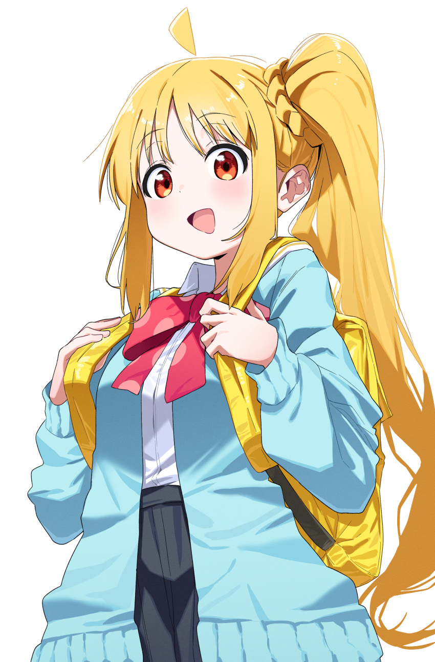 Safebooru - 1girl :d absurdres ahoge backpack bag black skirt blonde hair blue jacket bocchi the ...
