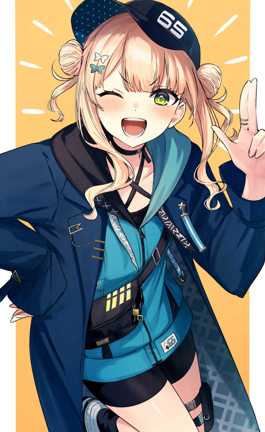 Safebooru - 1girl absurdres baseball cap black choker blonde hair blue hoodie blue jacket choker ...