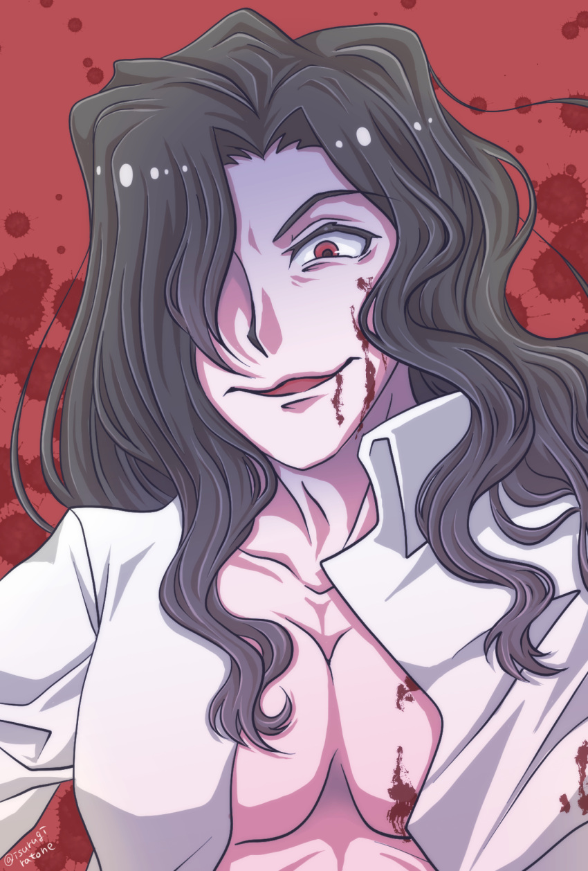 Safebooru - 1boy black hair blood blood on clothes blood on face collared shirt evil grin evil ...