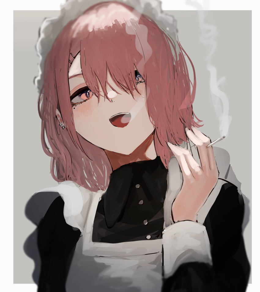 Safebooru - 1girl absurdres apron black shirt cigarette collared shirt earpiece grey background ...