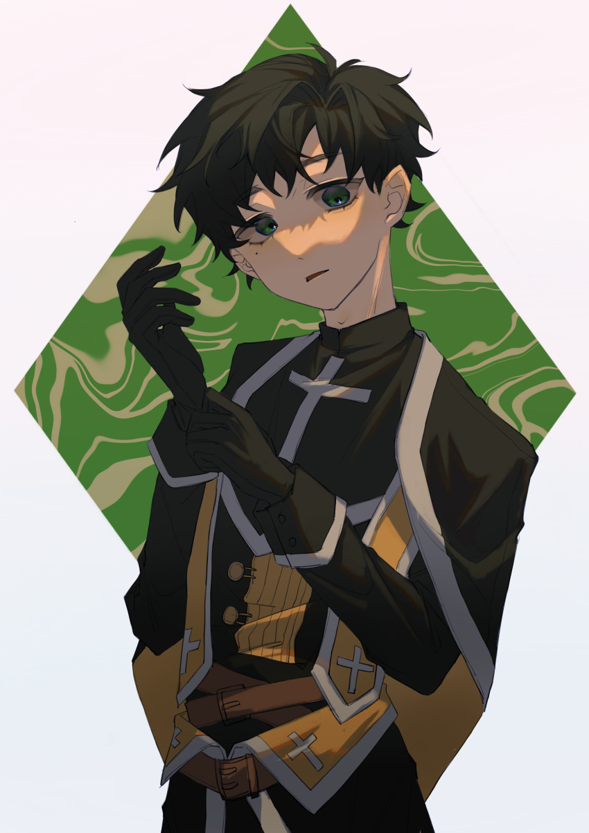 Safebooru - 1boy absurdres belt black cape black gloves black hair black pants black shirt brown ...