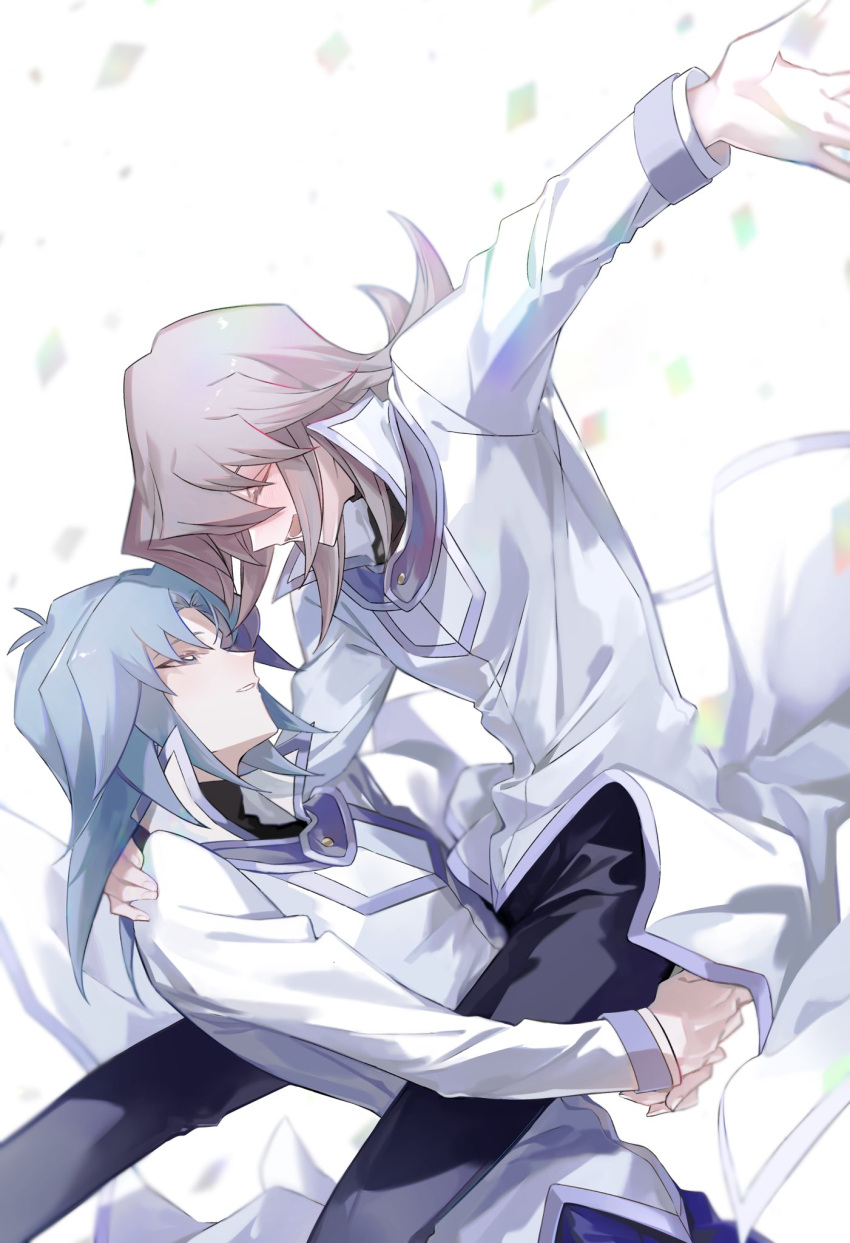 Safebooru - 2boys black pants blue hair carrying carrying person confetti cowboy shot duel ...