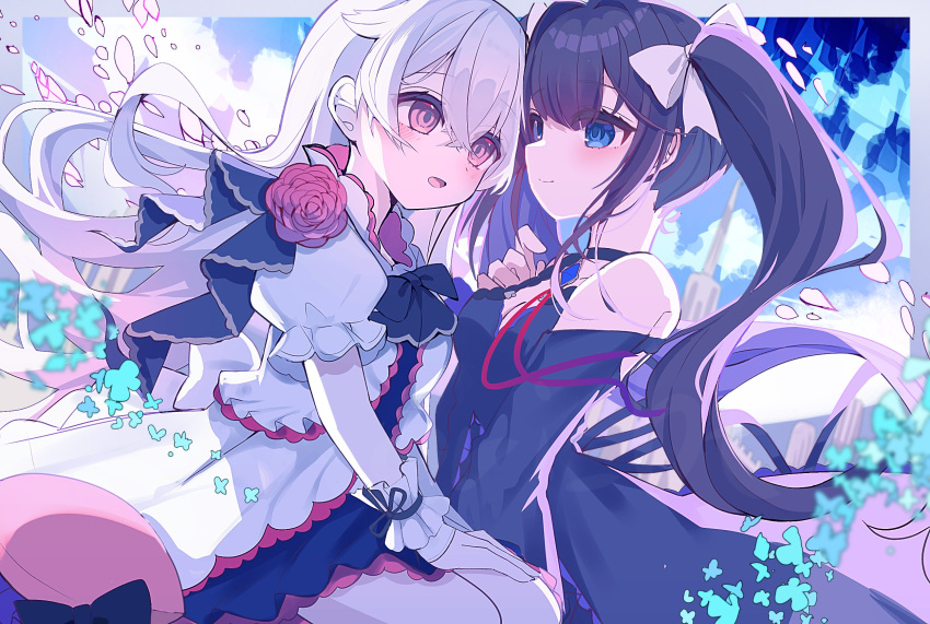 Safebooru - 2girls arcaea black dress black hair blue eyes blush bow breasts clover 39 dress eye ...
