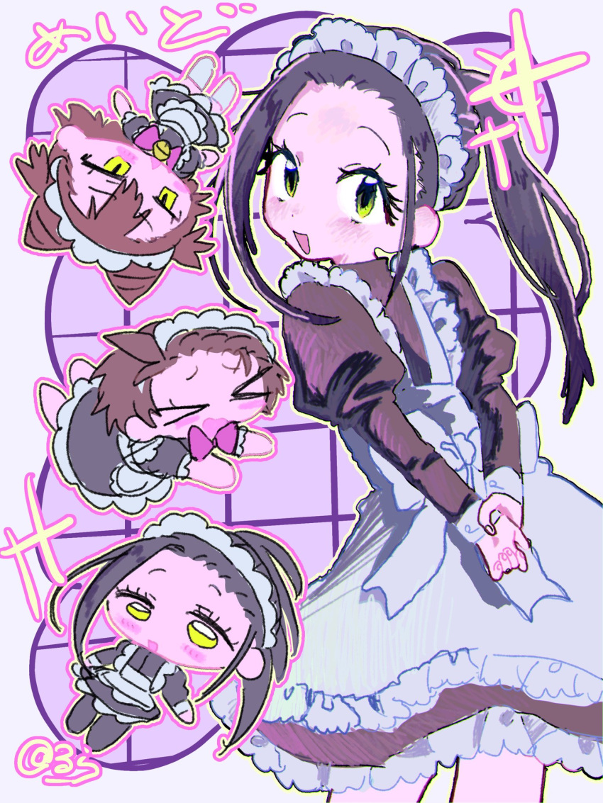 Safebooru - 3girls apron black hair brown hair chibi cone hair bun ...