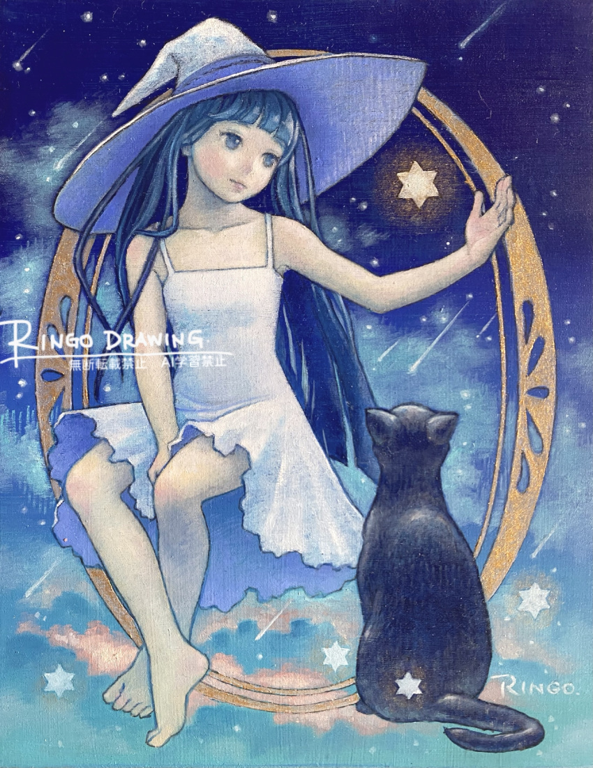 Safebooru - 1girl absurdres bare shoulders barefoot black cat black eyes black hair blush cat ...